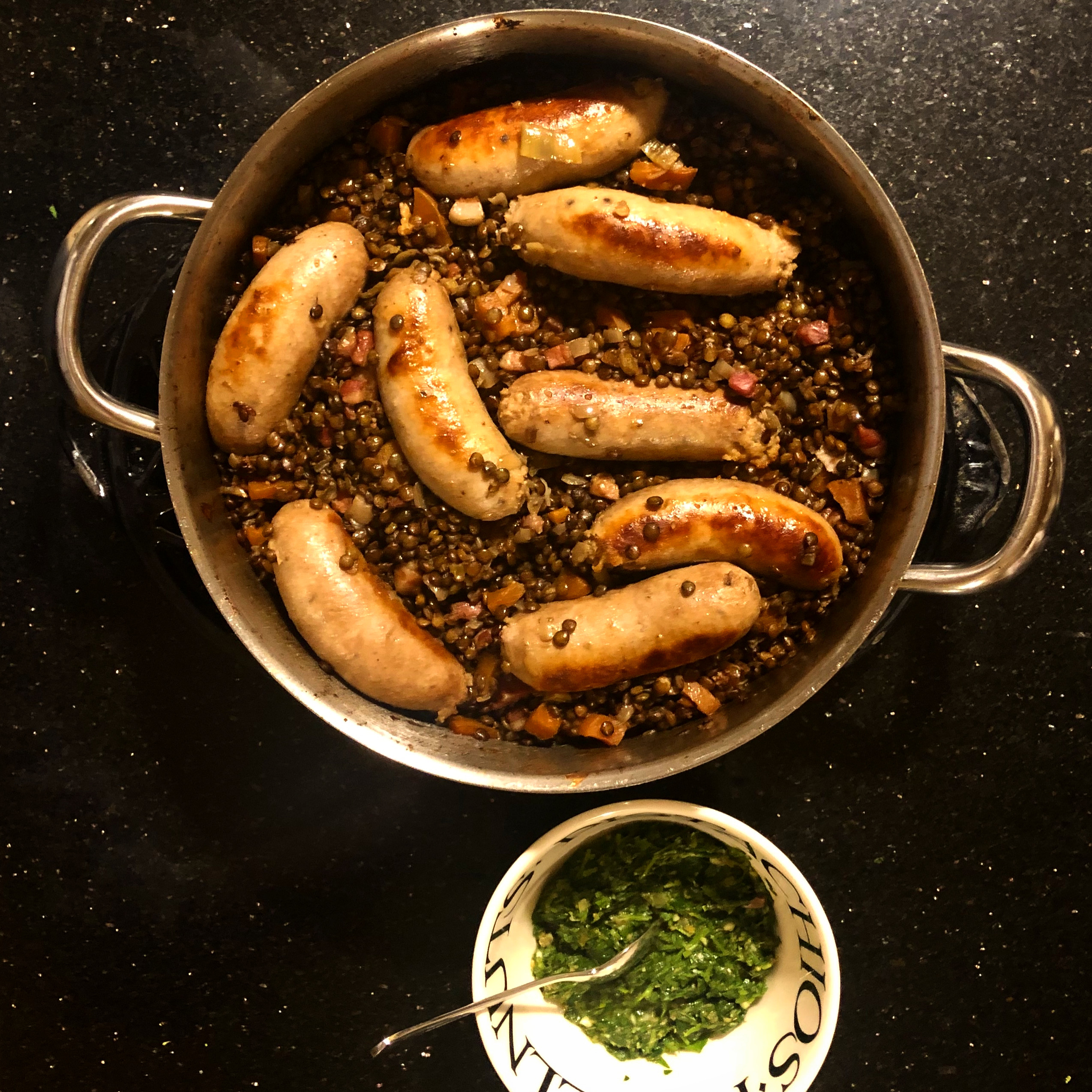 Sausages & Lentils with Herb Relish | Around the Aga